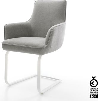 DELIFE Freischwinger Heira-Flex mit Armlehnen Strukturstoff Soft Grau Freischwinger flach Wei&szlig; Taschenfederkern, Esszimmerst&uuml;hle