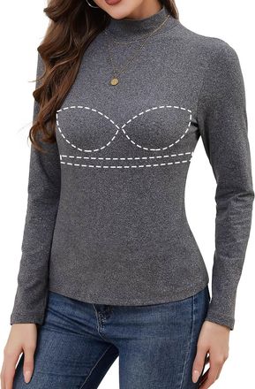 Joyshaper Damen Rollkragenshirt Langarm T-Shirt mit Integriertem BH Unterhemd Ohne B&uuml;gel Stehkragen Oberteil Blusen Thermo Oberteil Pullover, Grau, S