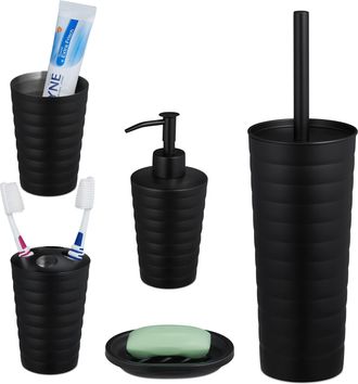 Relaxdays Badezimmer Set, 5-teilig, Badaccessoires Edelstahl matt, komplette Badezimmerausstattung, modern, schwarz