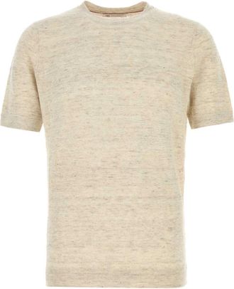 Brunello Cucinelli Homme, Tops, Beige, Taille: 2XL Pull en Maille M&eacute;lang&eacute;e Lin et Coton