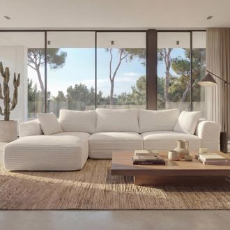 Mendler Sofa-Garnitur HWC-P20, 3-Sitzer Couch Loungesofa, Stoff/Textil Cord (370 g/m&sup2;) Liegefl&auml;che Links - wei&szlig;