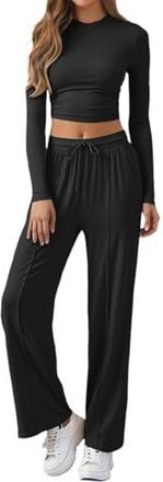 Generic Ensemble de Surv&ecirc;tement Deux Pi&egrave;ces pour Femme D&eacute;contract&eacute; Tenue de Sport Top &agrave; Manche Longue Taille Haute et Cordon de Serrage Pantalon avec Poches S