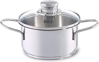 FISSLER Petit Faitout en Acier Inoxydable (Ø 14 cm, 1 l), pour Collation/Petites Bouchées, avec Couvercle en Verre, Compatible Induction, Argenté