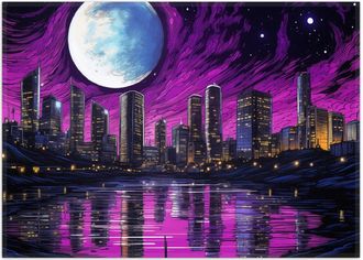 Wallario Rutschfester, Teppich mit Motiv - Fußmatte Mond über der Stadt, Größe 50 x 70 cm - flachgewebt