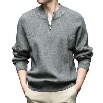 Generico Pull en tricot avec col haut, pull dhiver uni uni pour homme avec demi-fermeture éclair basique pour lautomne et lhiver, gris, XXXXL