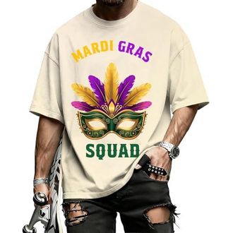 Generic Chemises Mardi Gras pour homme - Col rond, surdimensionn&eacute;, tendance, tendance, &agrave; manches courtes, T-shirts d&eacute;contract&eacute;s Mardi Gras Squad, cr&egrave;me, XXL
