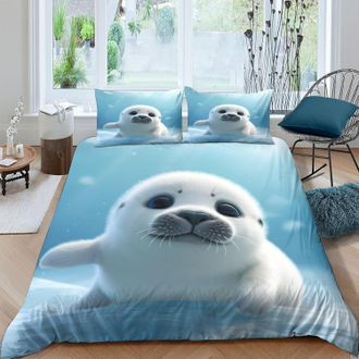 Generic Bettwäsche Set 3D Gedruckte Tier Robbe Bettbezug Mit 2 Kissenbezug 3 Teilig Weiche Atmungsaktive - Betten Set Mit Reißverschluss Für Jungen Mädchen - 