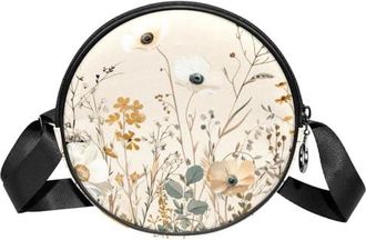 Generic Sac &agrave; bandouli&egrave;re rond pour femme, motif fleurs sauvages, beige, petit sac &agrave; bandouli&egrave;re avec fermeture &eacute;clair, bretelles r&eacute;glables, sac &agrave; main rond d
