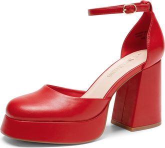Dream Pairs Damen Blockabsatz Plateau High Heels Kn&ouml;chelriemen Kleid Hochzeit Party Pumps Schuhe,Size 38.5,Rot-Pu,SDPU2372W