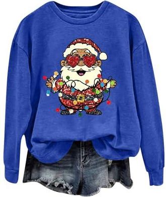 Generic Sweat-shirt de Noël pour femme avec imprimé Père Noël amusant à paillettes - Tenue de fête de Noël étincelante à manches longues - Pull graphique fant