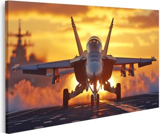 Islandburner Bild auf Leinwand Kampfjet bei Sonnenuntergang auf Flugzeugtr&auml;ger f&uuml;r Wohnzimmer M&auml;nner B&uuml;ro Bilder Wandbilder Poster