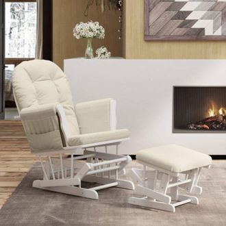 vidaXL Vidaxl - Chaise ber&ccedil;ante avec repose-pied - Tissu polyester blanc cr&egrave;me - Bois dh&eacute;v&eacute;a massif - Dimensions 70x72x107 cm - Confort optimal