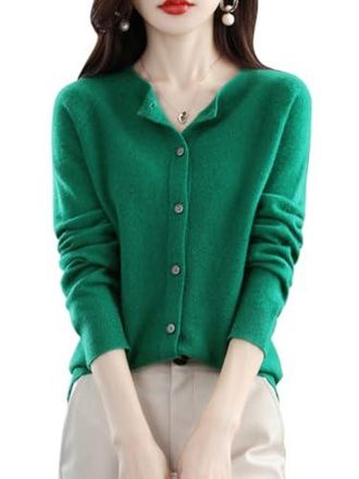 ORANDESIGNE Gilet Femme Chic et Elegant Gilet Court Col Rond Gilets Manches Longues Cardigan Laine Mi-Saison A Vert Fonc&eacute; XL