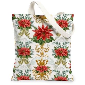 Generic Sac fourre-tout de No&euml;l en toile &agrave; motif floral &eacute;l&eacute;gant, sac r&eacute;utilisable, vintage, l&eacute;ger et lavable, bandouli&egrave;re pour voyage, Rouge, 13x15 Inch