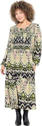 Ulla Popken Femme Grandes Tailles Robe midi smockée, Ligne en A, col Rond et Manches Longues Noir 50+ 832566100-50+