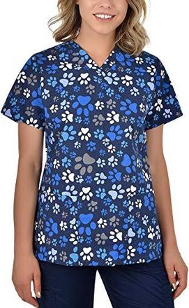 B-Well Bambina Tunique à enfiler, avec manches courtes, col en V et motifs, peut être utilisée dans le domaine médicale, pour femme, Pattes mignonnes, XXL