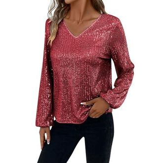 Generic Haut &agrave; paillettes pour femme - Tunique brillante &agrave; manches longues et col en V - T-shirt pour f&ecirc;te, bo&icirc;te de nuit - T-shirt ample d&eacute;contract&eacute; pour fem