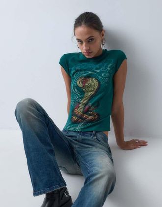 Ed Hardy Snakebite T-Shirt mit angeschnittenen &Auml;rmeln in Petrol-Blau