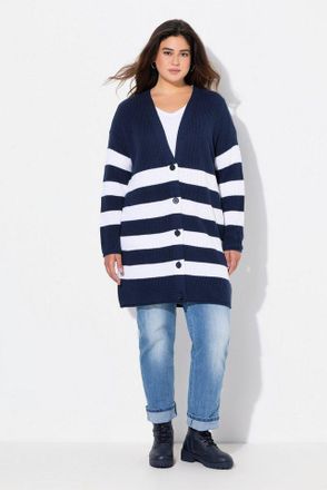 Ulla Popken Strickjacke Strickjacke Streifen Boxy V-Ausschnitt Rollkanten