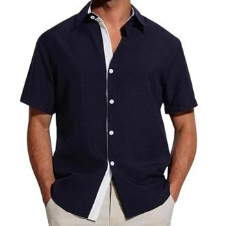 Generic Chemises en lin pour homme &agrave; manches courtes boutonn&eacute;es - Col rabattu - Tendance - Contraste - Vacances d&eacute;t&eacute; - Chemise de plage d&eacute;contract&eacute;e - Chemisi