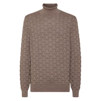 Philipp Plein Homme, Pulls, Beige, Taille: XL Wool Silk Turtle Neck Long-Sleeve Monogram