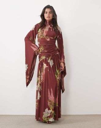 Asos robe longue en tulle imprim&eacute; &agrave; col montant avec d&eacute;tail de manches cascade &agrave; fleurs rouges-Multi