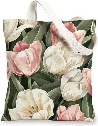 Generic Sacs fourre-tout en toile motif tulipes - Réutilisables - Motif floral - Style vintage - Légers et lavables - Avec bandoulière, blanc, 13x15 Inch