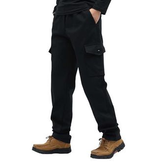 Generic Pantalon cargo doubl&eacute; en polaire pour homme pour lhiver et lext&eacute;rieur, pantalon de travail chaud multi-poches noir, style utilitaire, taille &eacute;lastique