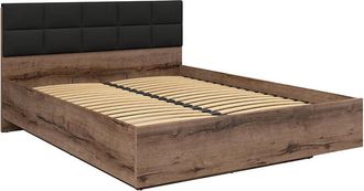 PEGANE Lit coffre 180x200 avec t&ecirc;te de lit rembourr&eacute;e noir, sommier et rangement,coloris Ch&ecirc;ne marron fonc&eacute; - Longueur 206 x Profondeur 185 x Hauteur