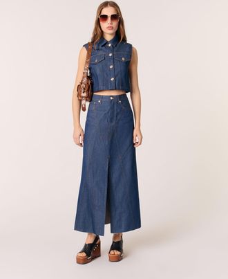 Maje Veston Court En Denim - Bleu Marine - Taille 40 - Maje