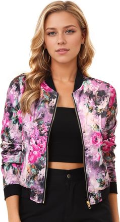 Allegra K Damen Fr&uuml;hling Sommer Bomberjacke Blumenmuster Rei&szlig;verschluss Jacket Fuchsie M
