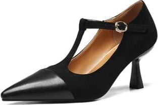 Generic Femmes T Strap Pompes Deux Tons Design Bout Fermé Pointu Mid Kitten Talons avec Boucle Réglable Chaussures de Soirée Formelles Élégantes,Noir,42.5 EU