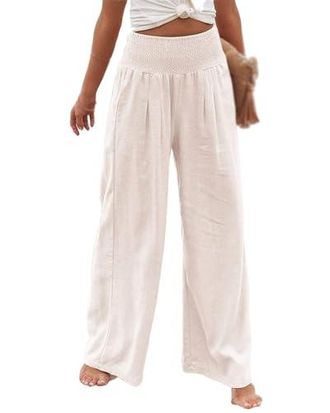 Generic Pantalon Palazzo &agrave; taille smock&eacute;e pour femmes, jambes larges, tenue d&eacute;t&eacute; fluide pour la plage, le salon de plage, les voyages et les vacances, blanc, 