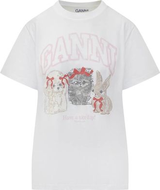 Ganni Femme, Tops, Blanc, Taille: 40 FR Animals Print T-shirt