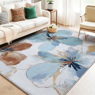 Generic Tapis 140 x 200 cm Lavable Poil Ras Anti Slip Chambre - Abstrait Plantes Fleurs Feuilles Th&egrave;me Tapis de Salon, Bleu Clair Moquette Decoration Maison p