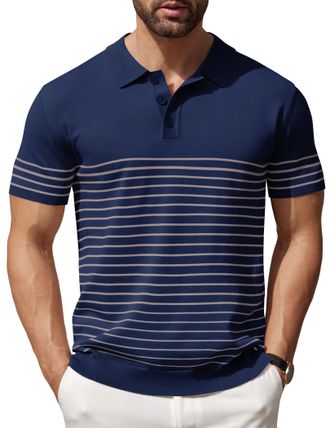 Coofandy Polo Shirt Herren Kurzarm Sommer Golf Poloshirt Vintage Leicht Sport Stretch M&auml;nner Polo Hemd Marineblau (graue Streifen) XXL