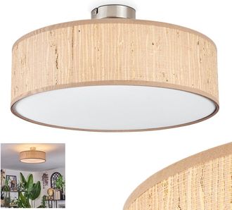 HOFSTEIN Deckenleuchte Foggia, Deckenlampe aus Metall/Holz/Stoff/Kunststoff in Nickel-matt/Natur/Beige/Weiß, runde Boho Leuchte (Ø 40 cm), E27, Esszimmer, Wohn