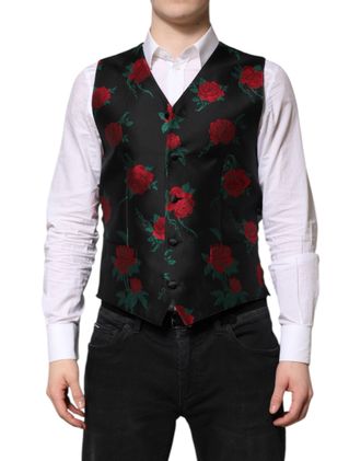 Dolce & Gabbana Red Floral Brocade Formal Men Waistcoat Vest Black Clothing