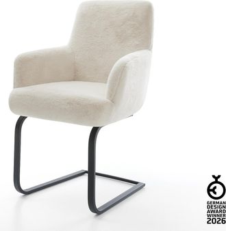 DELIFE Freischwinger Heira-Flex mit Armlehnen Pl&uuml;sch Creme-Wei&szlig; Freischwinger flach Schwarz Taschenfederkern, Esszimmerst&uuml;hle