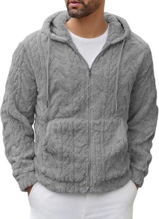 Generic Veste de survêtement en polaire pour homme, veste à capuche en fausse fourrure, manteau long en laine, léger et tendance, veste dautomne imperméable e