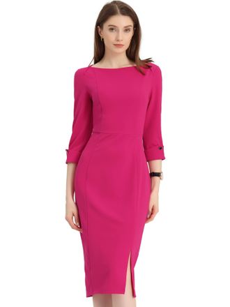 Allegra K Damen 3/4-&Auml;rmeln U Ausschnitt Rei&szlig;verschluss Elegant Arbeit Schlitz Minikleid Kleid Fushcia M