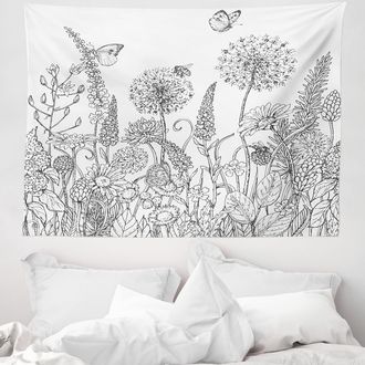 Abakuhaus Blumen Wandteppich, Blumen-Garten-Landschaft aus Weiches Mikrofaser Stoff Waschbar ohne Verblassen Digitaldruck, 150 x 110 cm, Weiß Grau
