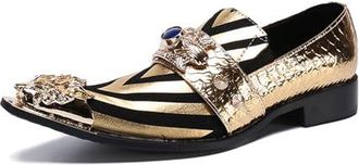 Generic Mocassins habillés en cuir véritable pour homme avec bout pointu en métal - Motif noir et doré - Chaussures formelles pour bal, scène, mariage, fête d