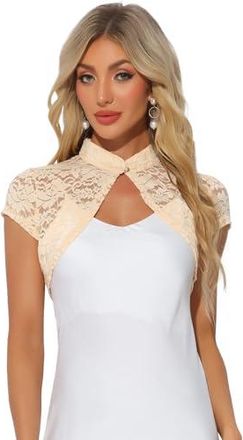 Allegra K Boléro en Dentelle Femmes à Manches Courtes Gilet Court Transparent pour Invité De Mariage Cardigan Col Montant Élégant Abricot S