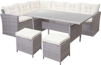 Hhg Poly-Rattan-Garnitur HHG-471, Gartengarnitur Sitzgruppe Lounge-Esstisch-Set Sofa hellgrau, Kissen creme + 2x Hocker