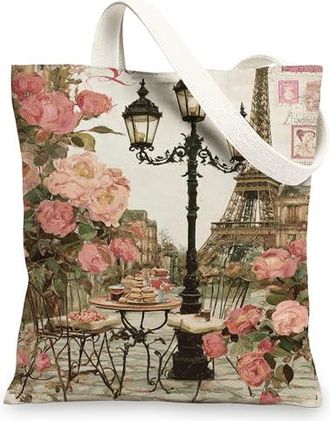 Generic Sacs fourre-tout vintage en toile à motif floral élégant, sacs de courses réutilisables, légers et lavables à bandoulière pour, Pêche, 13x15 Inch