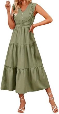 Generic Robe d&eacute;t&eacute; 2026 d&eacute;contract&eacute;e pour femmes - Robe midi sans manches avec col en V et &eacute;paules volant&eacute;es - Robe trap&egrave;ze fluide &agrave; volants et &agrave; volants - Rob