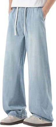 Generic Jean confortable à jambe large pour homme avec poches, design robuste pour une tenue décontractée et un pantalon tendance de rue, bleu clair, XXL