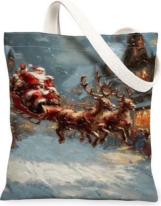 Generic Sacs fourre-tout en toile avec motif P&egrave;re No&euml;l - R&eacute;utilisables - L&eacute;gers et lavables - Avec bandouli&egrave;re, Rouge, 13x15 Inch