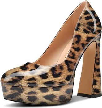 Castamere Femmes Bloc Chunky Haut High Plate-Forme Talon Heel Rond Bout Escarpins Slip-on Bureau Dress 14 CM Heels Léopard Marron 39 EU